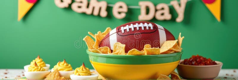 Game Day Celebration Setup with Football and Snack Platter Stock Photo ...