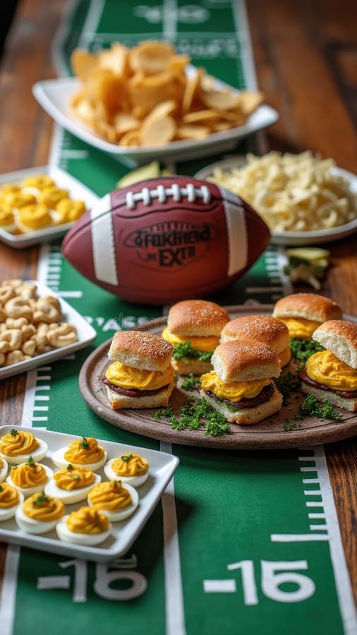 Game Day Snacks with Football and Sliders on Field-themed Table Stock ...