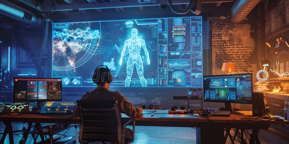 Game Developer and AI Muse in High-Tech Studio AIG60 Stock Illustration ...