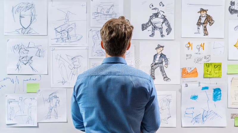 Game Developer Reviewing Character Blueprints and Outlines Stock ...