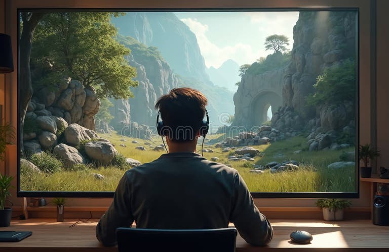 Game Developer Works on a Stone Ruin Environment on Computer Screen ...