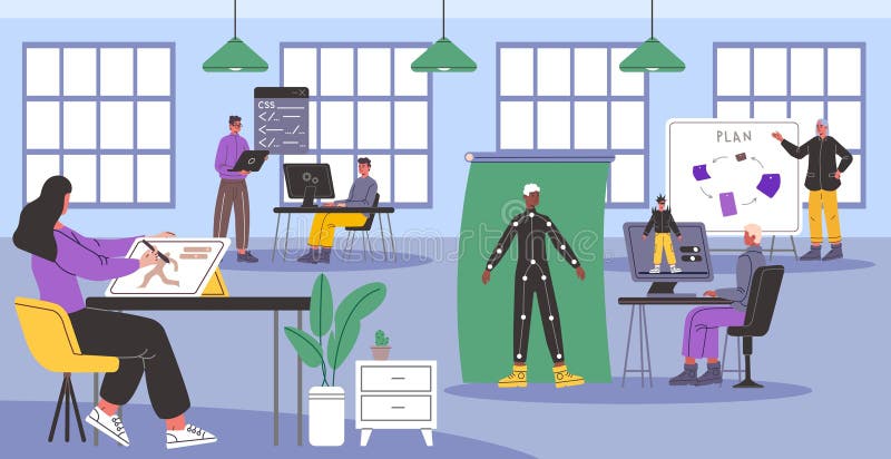 Game Developers In Office Specialists Create Computer Gaming Characters And Play Script