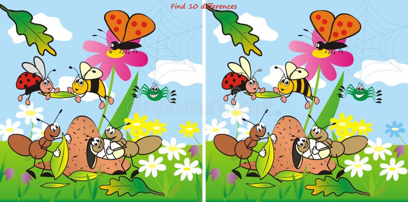 Game, Find Ten Differences, Insect on Meadow, Eps. Stock Vector - Illustration of landscape ...