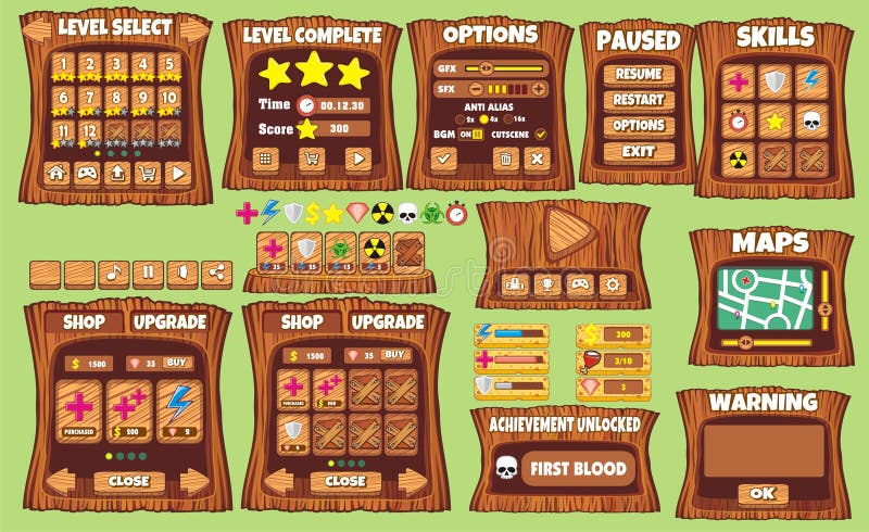Set of Example of Wooden Board User Interface of Game. Window of Level ...