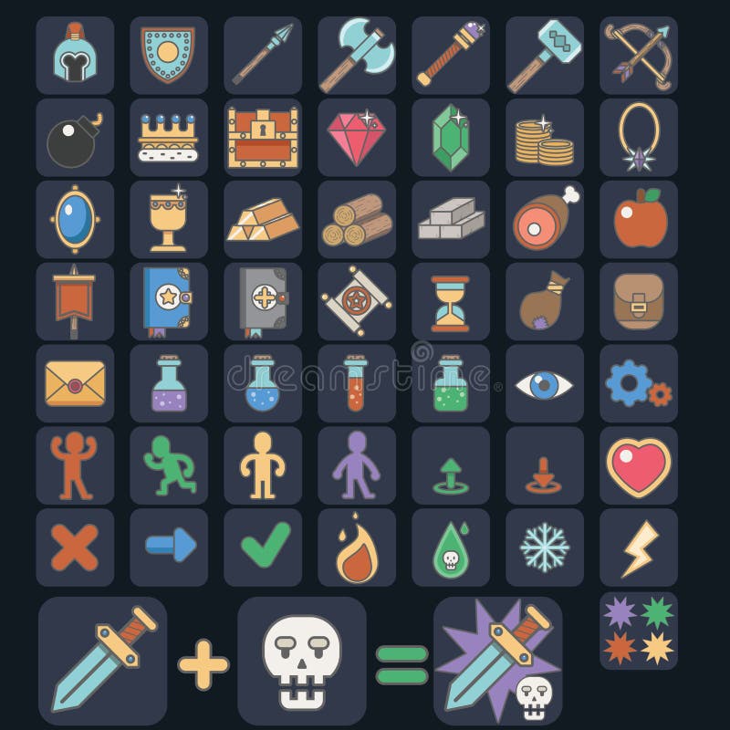 Game Icon Set, Game Flat Icon, Magic, Armor, Spells Stock Illustration ...