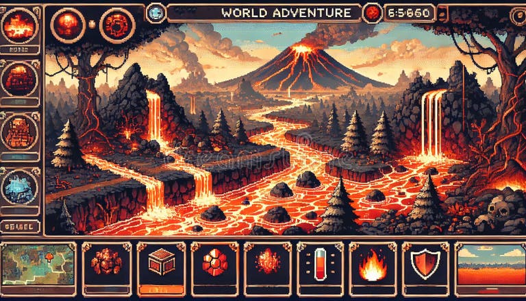 A Game Interface Set in a Lava-covered Volcanic World, Featuring Molten Rivers, Rock Formations ...