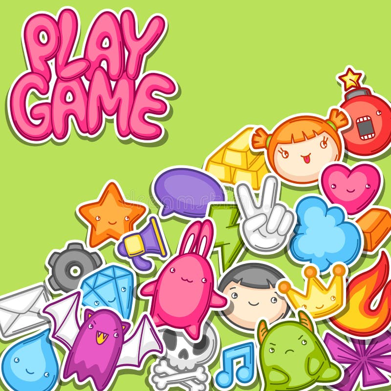 Game Kawaii Background. Cute Gaming Design Elements, Objects and ...