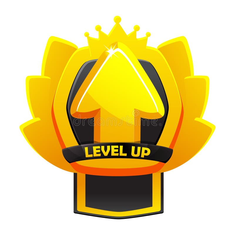 Game Level Up Badge Icon with Raising Arrow, Crown, and Shield. Winner ...