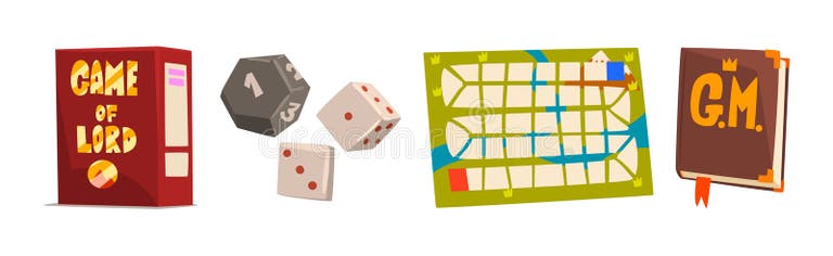 Game of Lord with Dice, Map and Guide Book Vector Set Stock ...