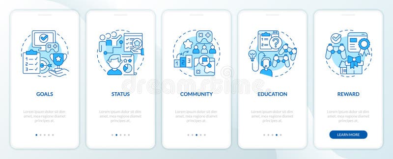 Game Mechanics in Gamification Blue Onboarding Mobile App Screen Stock ...