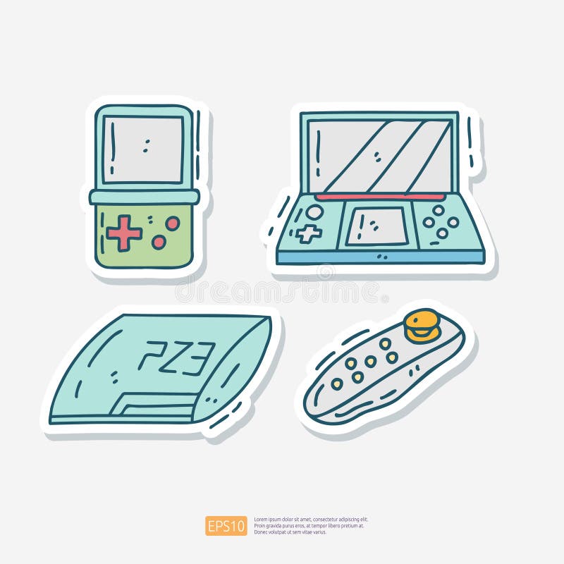 Game Pad Controller and Game Box Console Doodle Icon Set. Game Console ...