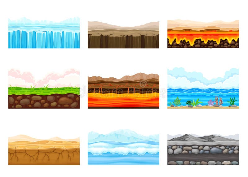 Game Platforms with Uneven Terrain and Environment Vector Set Stock ...