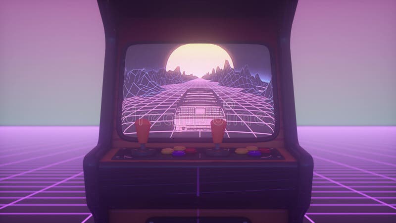 Game Retro Arcade Machine with Neon Lights and Synthwave Wireframe on ...