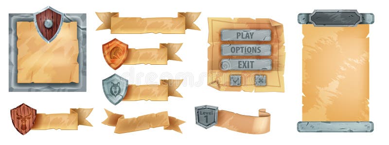 Game Ribbon Parchment UI Set, Vector Ancient Paper Menu Frame Kit ...