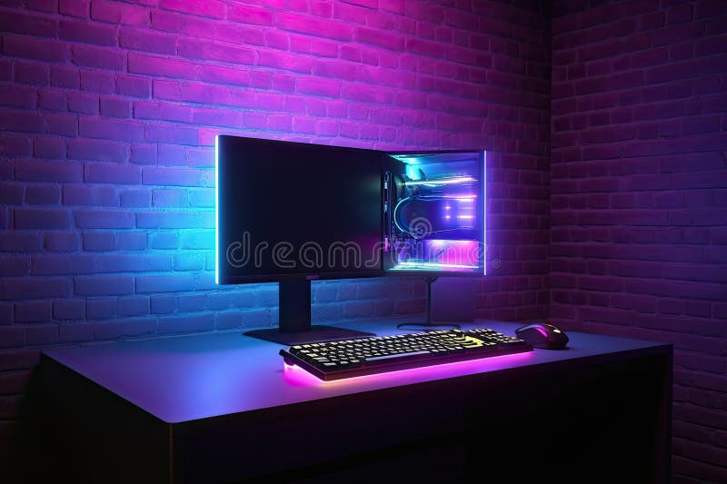 Game Room Computer Desktop Blue Purple Lights Brick Wall, Modern PC ...