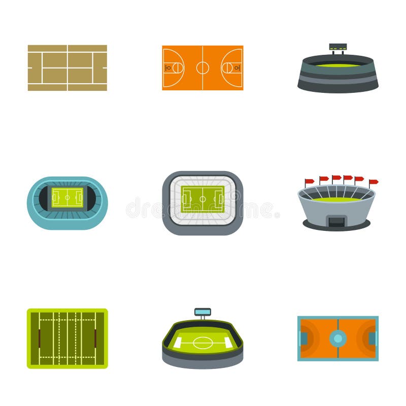 Game at Stadium Icons Set, Flat Style Stock Vector - Illustration of ...