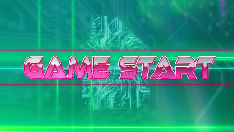 Game Start Text on Neon Banner Over Microprocessor Connections Forming ...