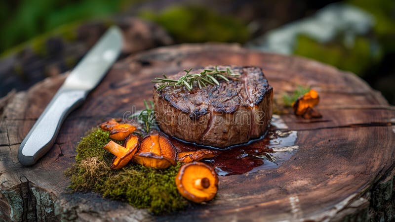 Game Steak is Presented on a Forest Stump Stock Illustration ...