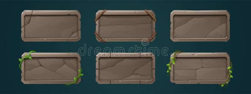 3D Game UI Stone Frame Set, Vector Fantasy Medieval RPG Rock Button, Wooden Menu Background Kit ...
