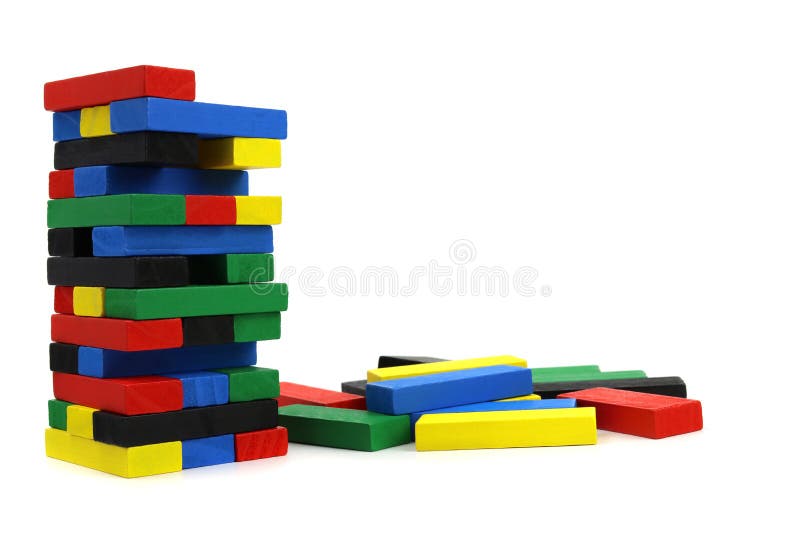 Game Tower and Scattered Colored Wooden Blocks Isolated on White Stock ...