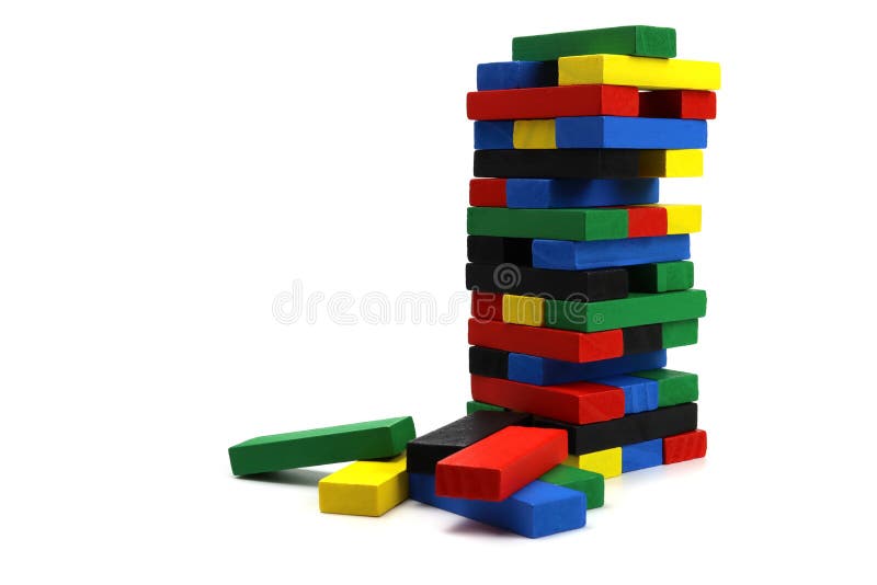 Game Tower and Scattered Colored Wooden Blocks Isolated on White Stock ...
