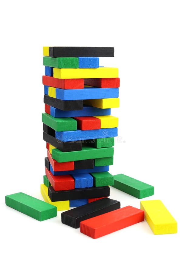 Game Tower and Scattered Colored Wooden Blocks Isolated on White ...
