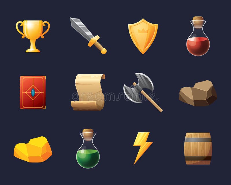 Game UI Assets Set. Gaming User Interface Icons Collection Stock Vector ...