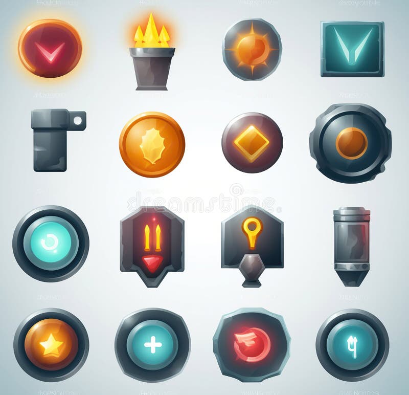 Game Ui Assets Set Gaming User Interface Icons Collection Vector Illustration Stock