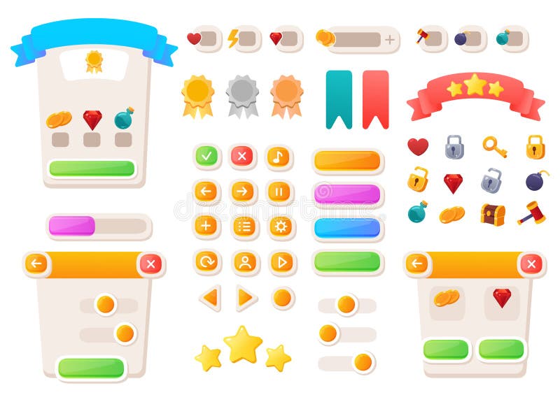 Game UI Buttons. Mobile Application or Game Interface Elements. Cartoon ...