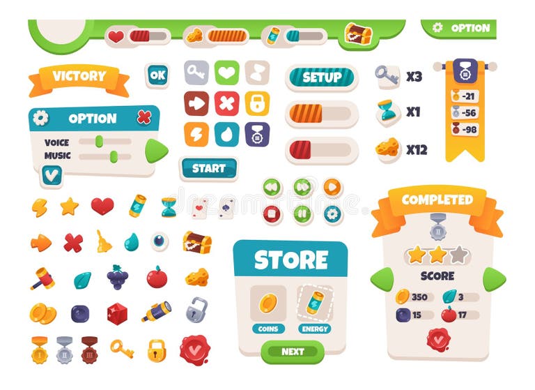 Game UI Buttons. Mobile Application Interface Elements. Cartoon ...