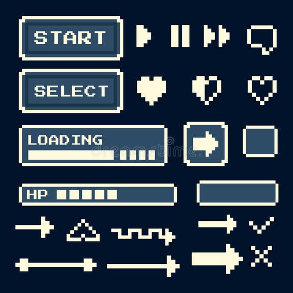 Game Ui Elements Set Retro Pixel With Start Buttons Arrows Loading Bars Health Points Hearts