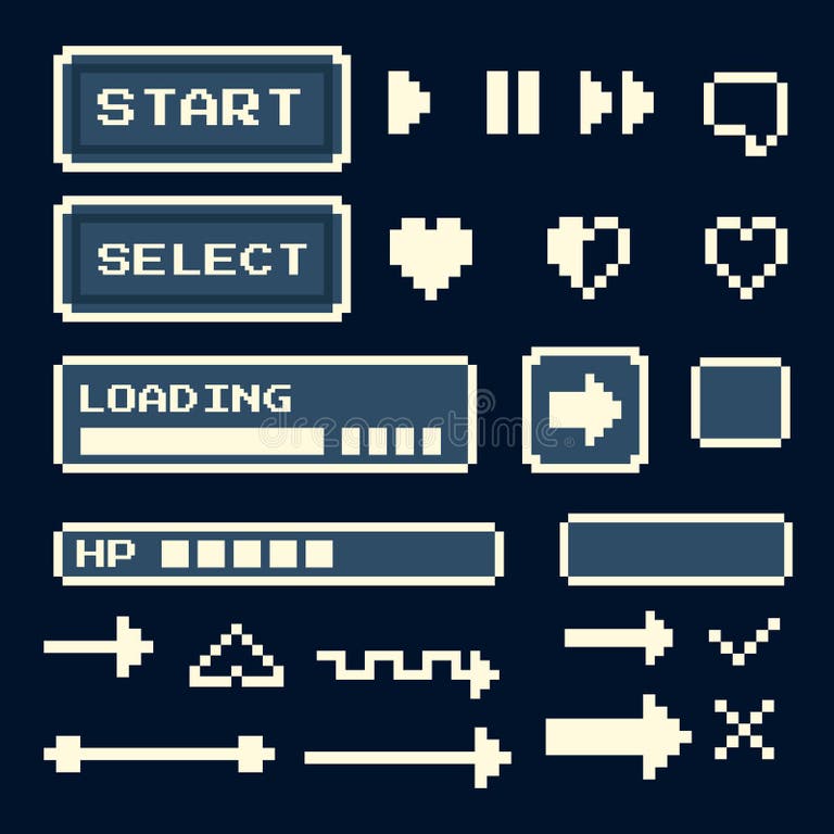 Game UI Elements Set Retro Pixel with Start Buttons, Arrows, Loading Bars, Health Points, Hearts ...