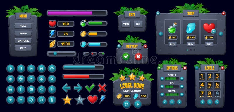Game UI, Jungle Forest Stone Interface Buttons Stock Illustration ...