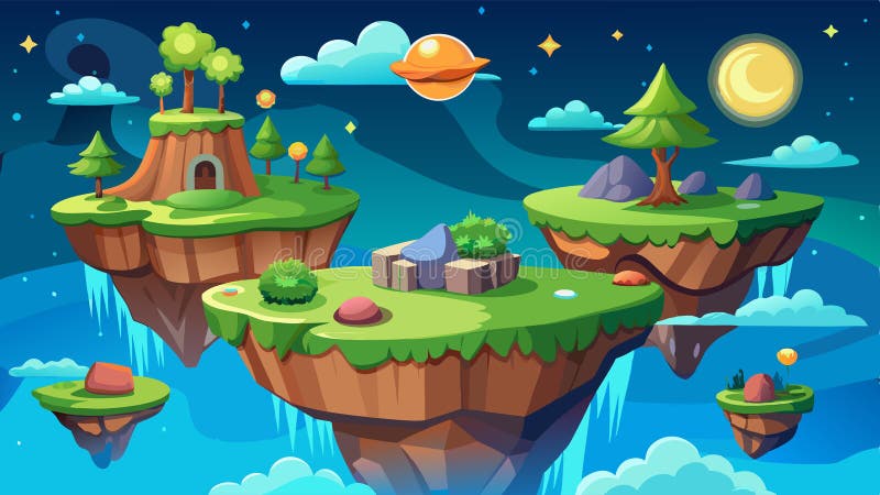 Game Ui Level Map with Floating Islands with River and Waterfall, Green ...