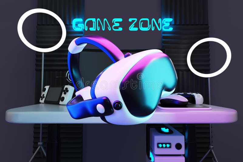 Game Zone with Flying Vr Glasses on Abstract Dark 3d Background. Night ...