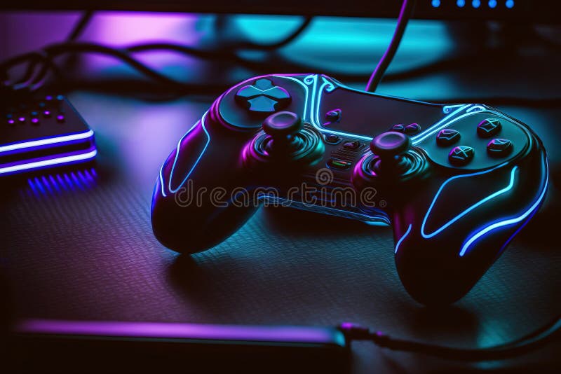 Gamepad Lying on Table in Gamer Room with Neon Lights. Generative AI ...