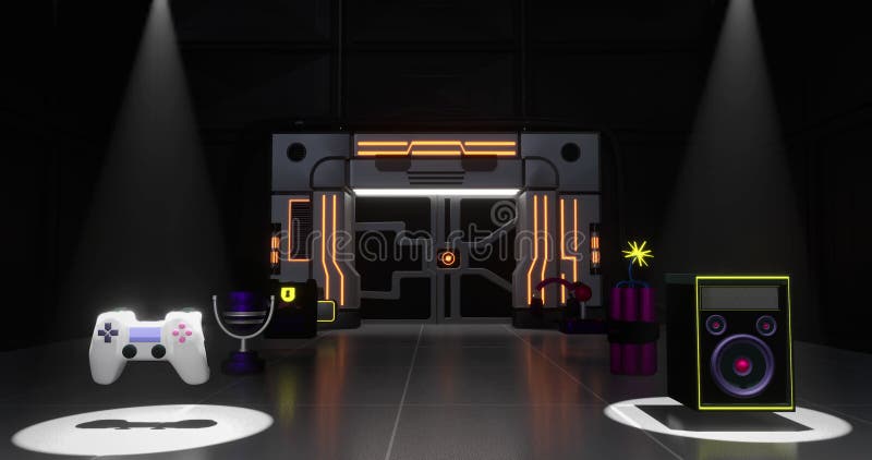 Gamepad and Speaker Hovering Under Spotlights Futuristic Room with ...