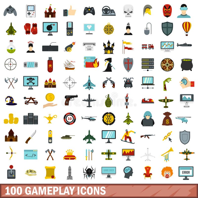 100 Gameplay Icons Set, Flat Style Stock Vector - Illustration of ...
