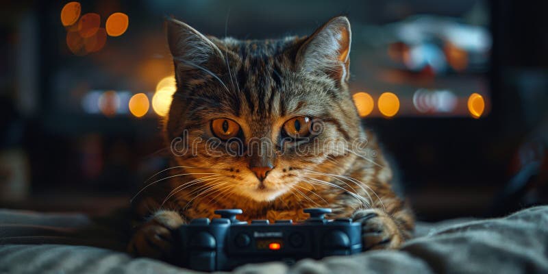 Gamer Cat with Joystick Playing Video Games, Close-up. Generated by AI ...