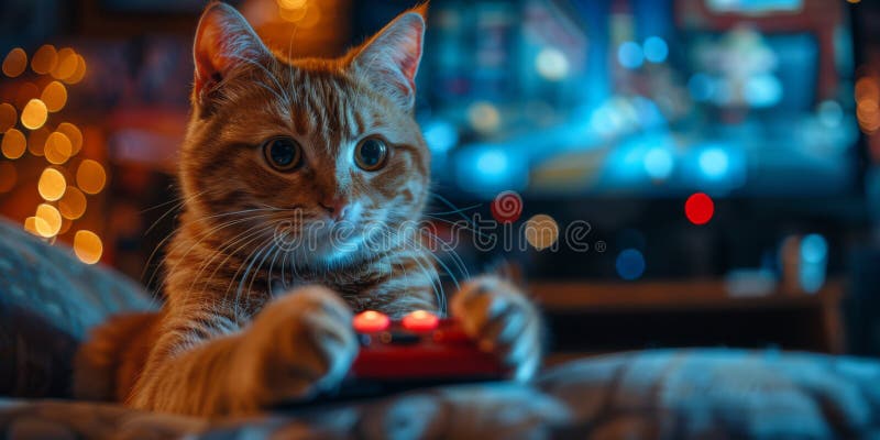 Gamer Cat with Joystick Playing Video Games, Close-up. Generated by AI ...