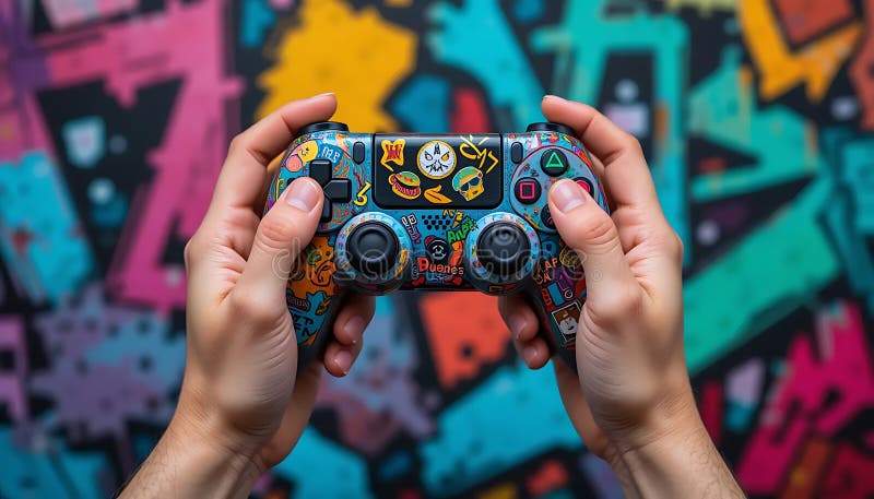 Gamer Holding a Customized Playstation Controller Against a Vibrant ...