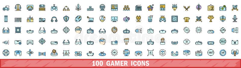 100 Gamer Icons Set, Color Line Style Stock Vector - Illustration of ...