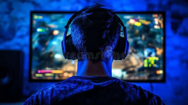 Gamer, Illuminated by Screen, Immersed in Single-Player Video Game ...