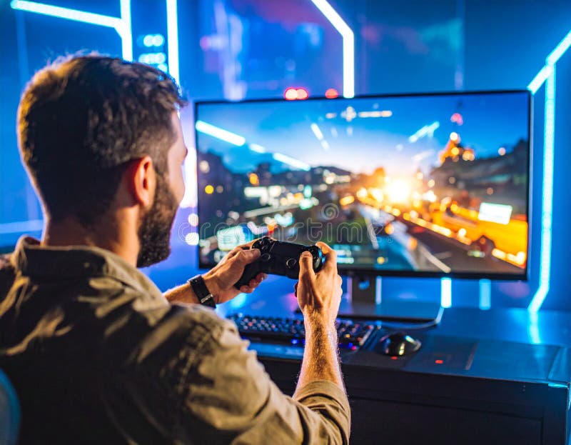 Gamer Intensely Focused on a Video Game, Gripping a Controller with ...