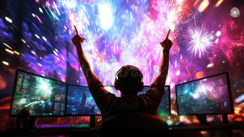 Gamer Celebrating with Fireworks Display on Multiple Screens during a ...
