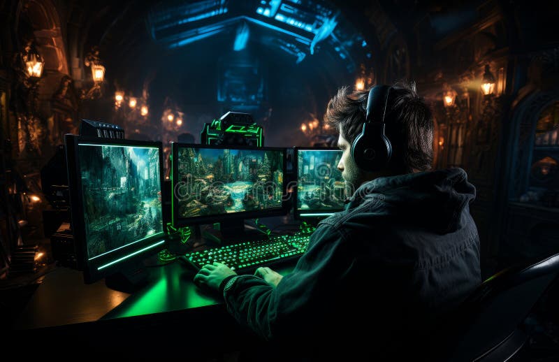 Gamer Man Sitting with Modern Computer in Dark. Streamer Guy Playing ...