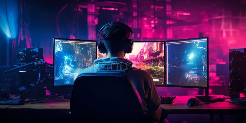 Gamer in Metaverse VR AR Playing Game on Screen Monitor with Computer ...