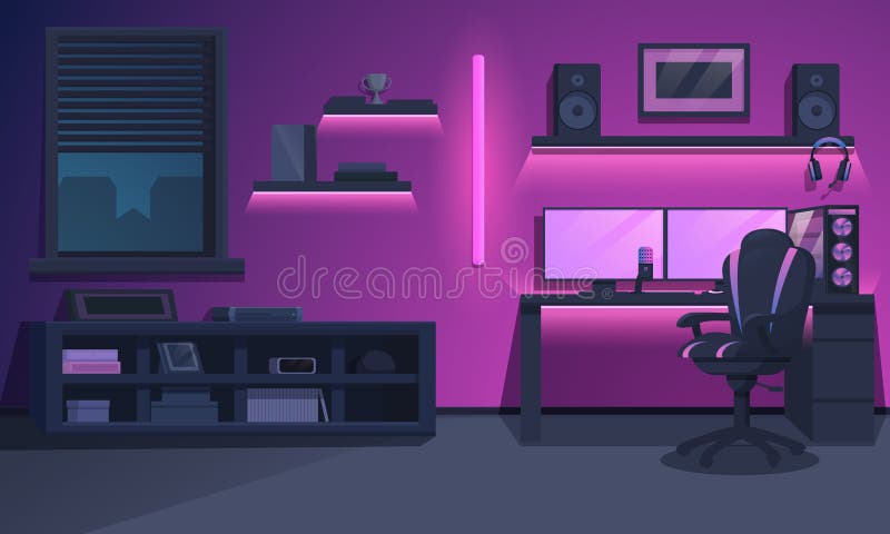 Gamer Night Room with Furniture and Computer Stock Vector ...