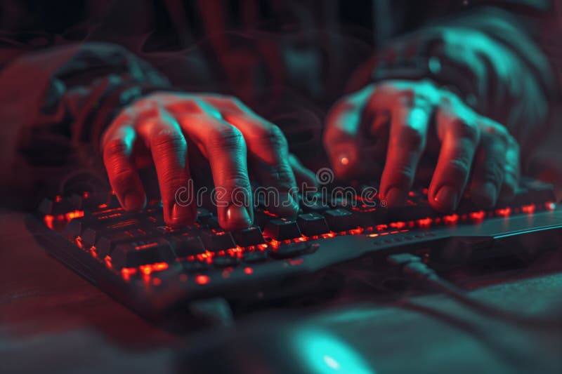 Gamer Playing with Backlit Red Keyboard Stock Photo - Image of action ...