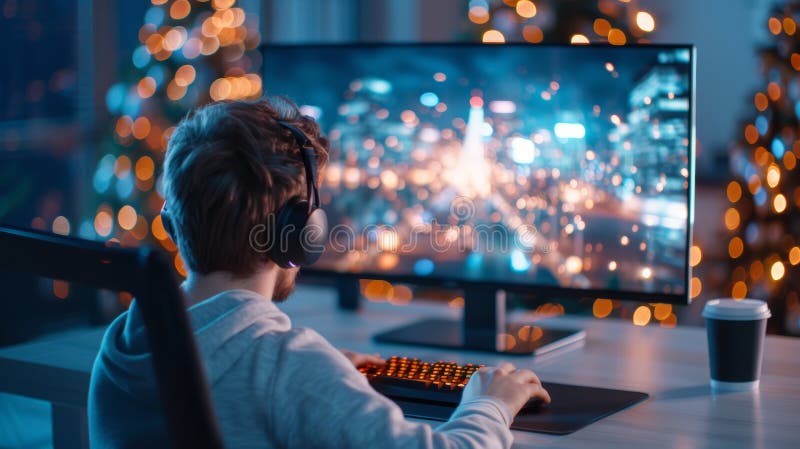 Gamer Playing on Computer with Bokeh Lights Stock Illustration ...